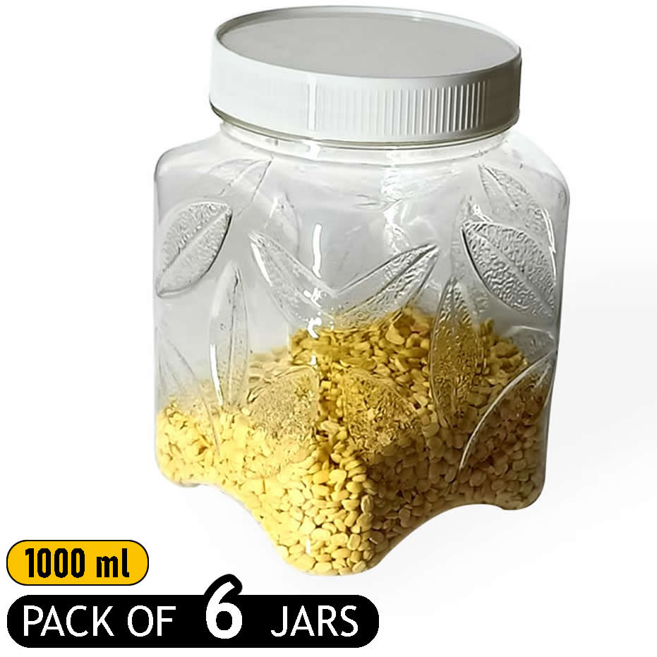 Buy Pack of 6 - White Lid Large Leaf Jars 1000 ml - Hard Plastic at ...